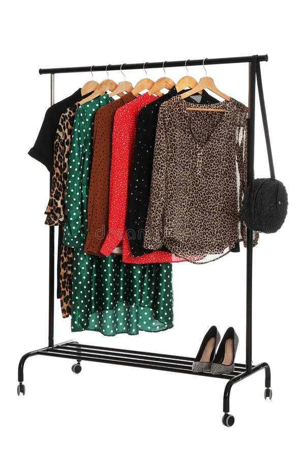 Rack with Stylish Women`s Clothes. Interior Design Stock Image - Image ...