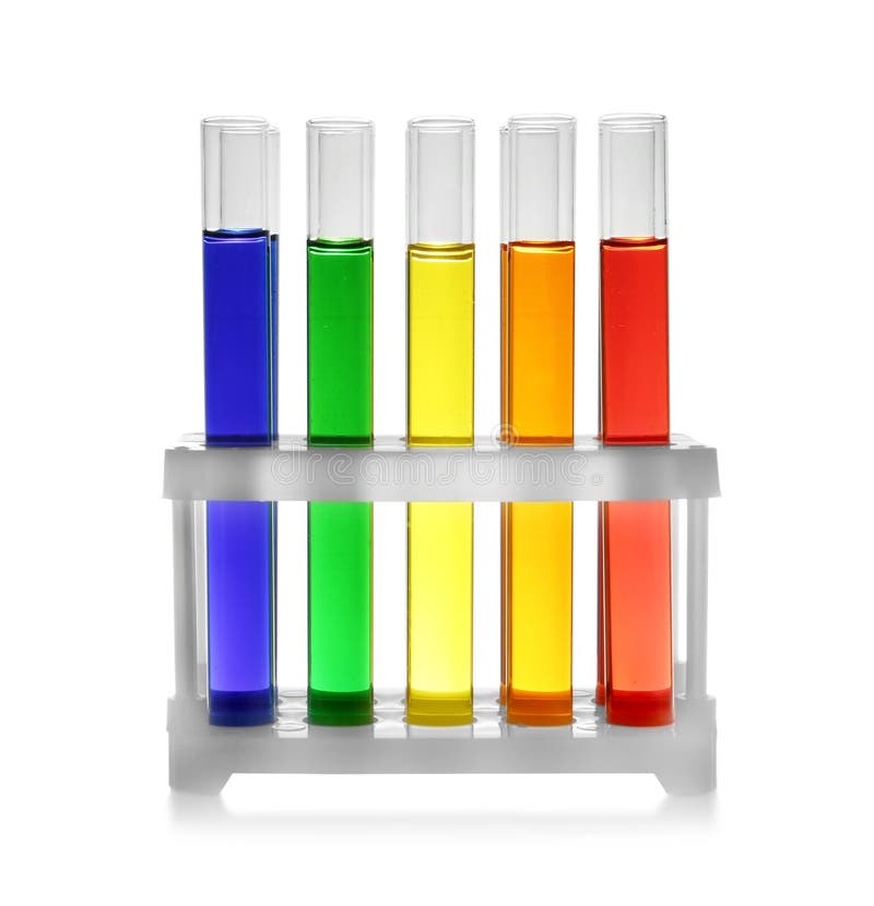 Rack with Test Tubes of Color Liquid on White. Solution Chemistry Stock ...