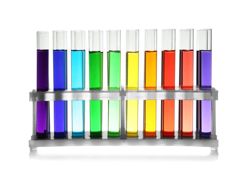 Rack with Test Tubes of Color Liquid on White. Solution Chemistry Stock ...