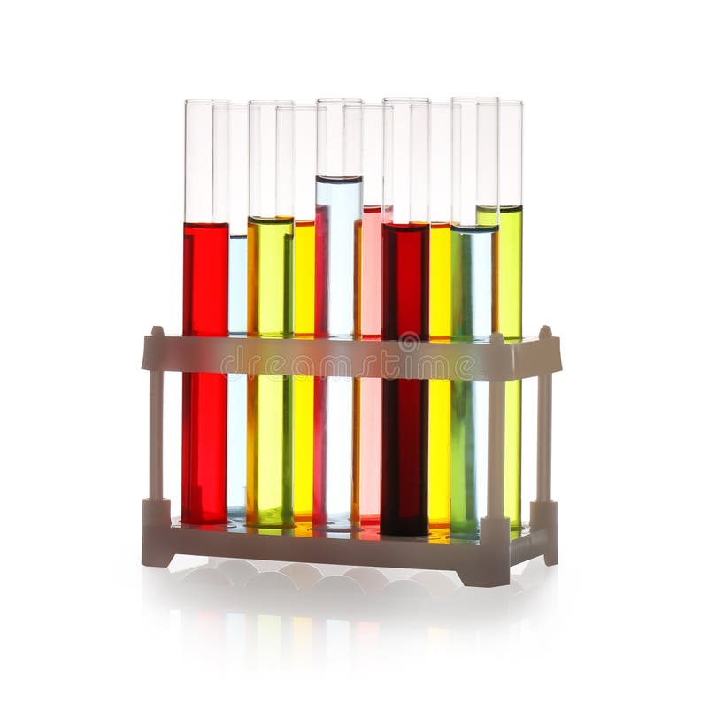 Rack with Test Tubes of Color Liquids Isolated on White. Stock Image ...