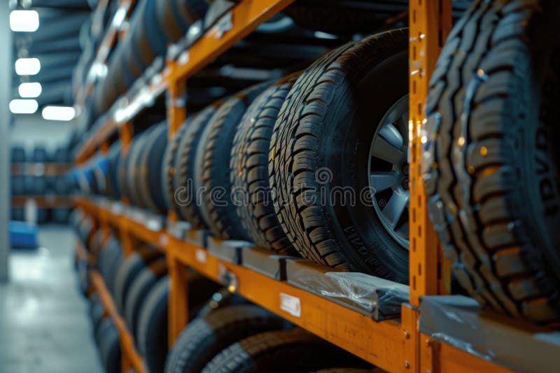 A Rack of Tires Stored in a Large Industrial Warehouse Stock Photo ...