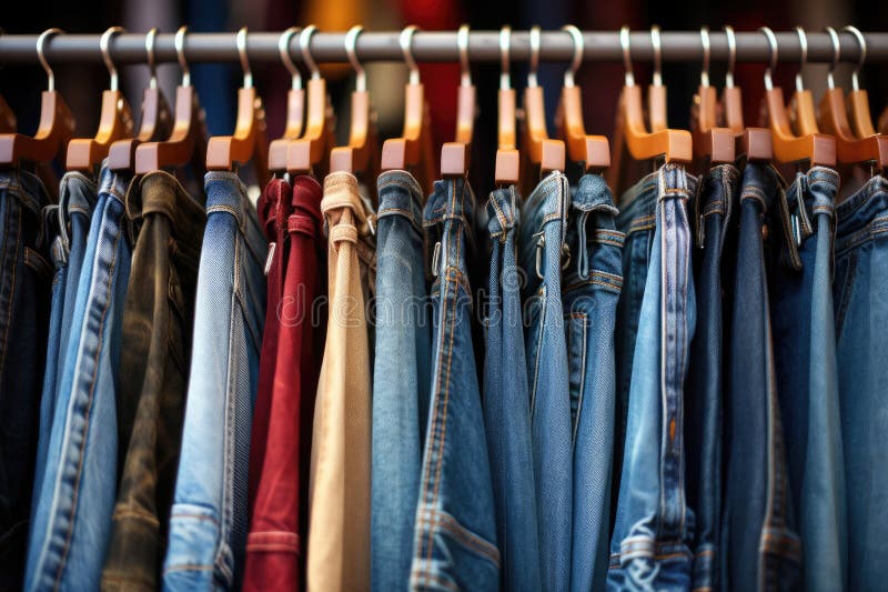 Rack with Used Jeans on Trempels, Second Hand Concept Stock Image ...