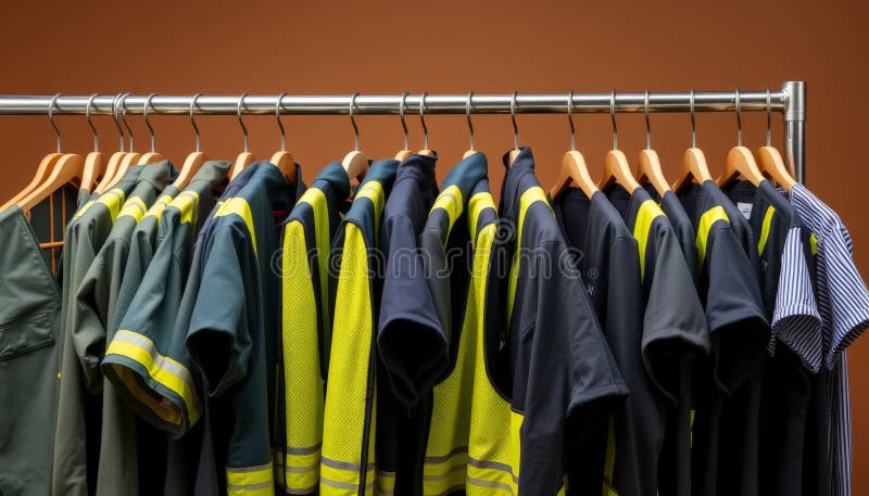 Rack of Work Clothes. it Features a Variety of Uniform Attire Stock ...