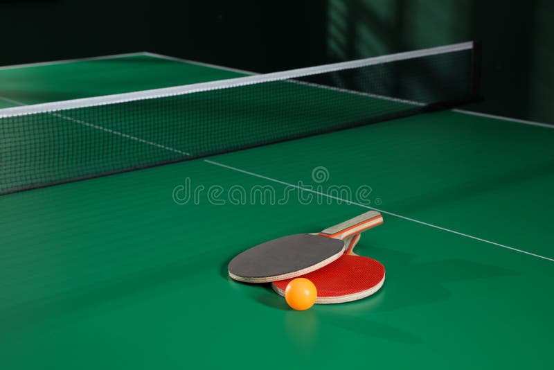 Rackets and Ball on Green Ping Pong Table. Space for Text Stock Photo ...