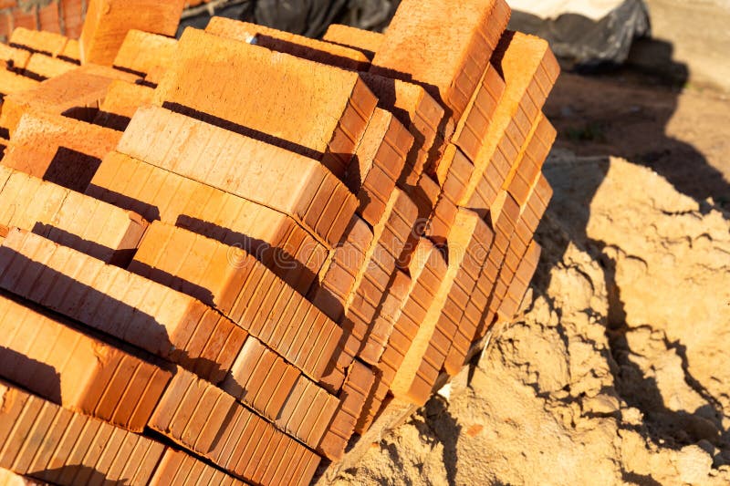 Racks with Brick. Masonry, Stonework. Several Pallets with Concrete ...