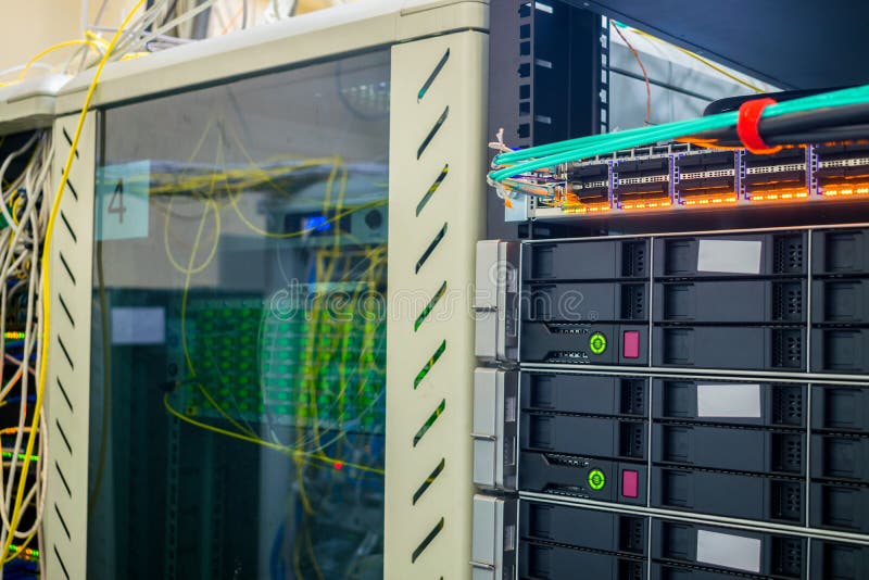 Racks with Computer Equipment are Close-up. Modern Telecommunication ...