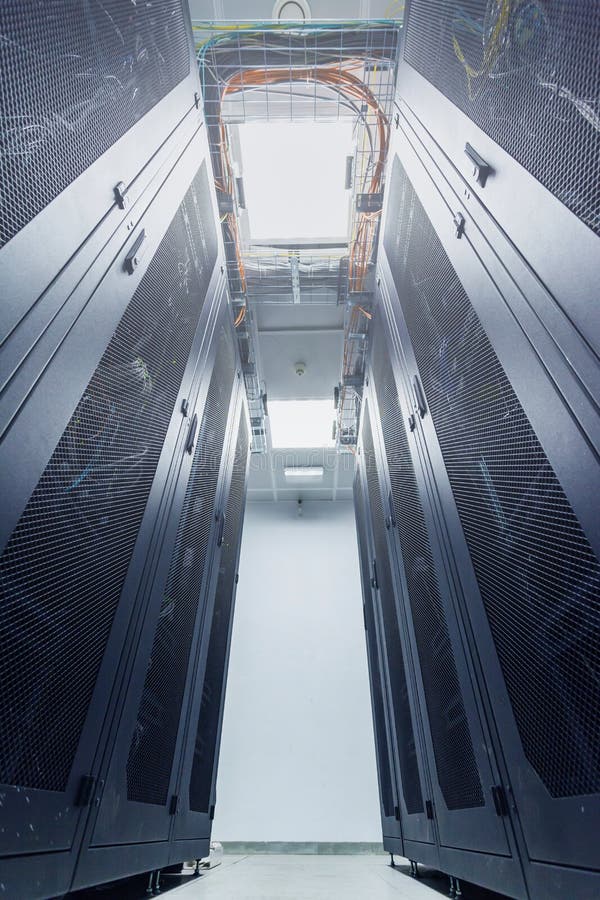 Row of Racks in Big Data Center Inside Close Up. Datacentre Interface ...