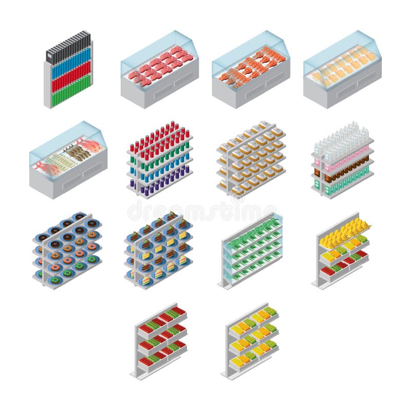 Racks with Food and Beverages. Vector Illustration Decorative Design ...