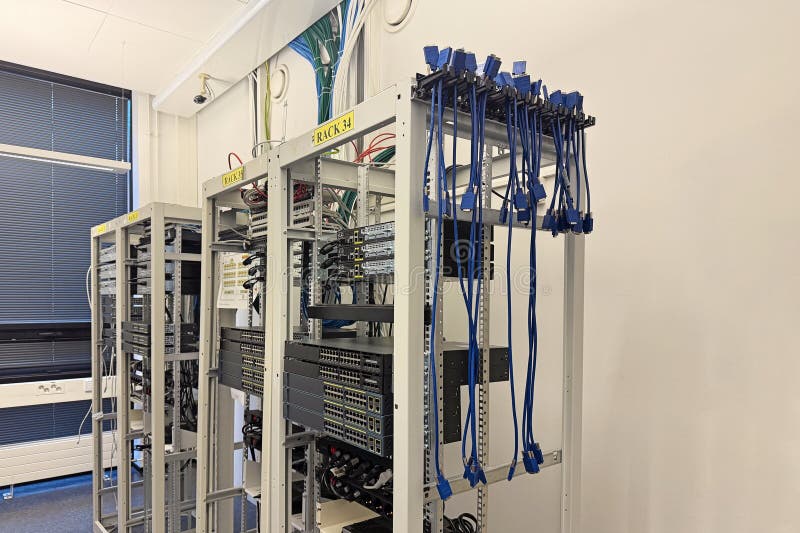 Racks and Network Cables in High-tech Office. Infrastructure ...
