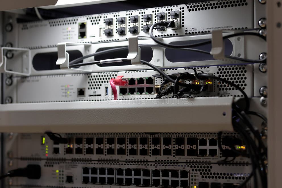 Racks with Network Equipment in Telecom Cabinet Stock Photo - Image of ...