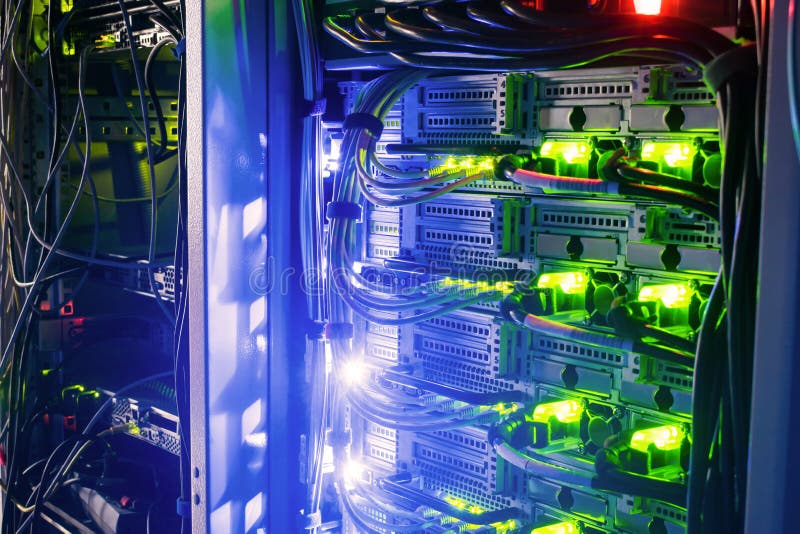 Dark Colorful Data Center or Server Room Rack and Lot of Data Light ...