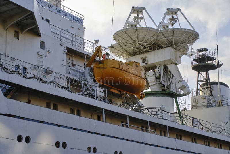 Radar Antenna and Lifeboat are Located Ship. Stock Image - Image of ...
