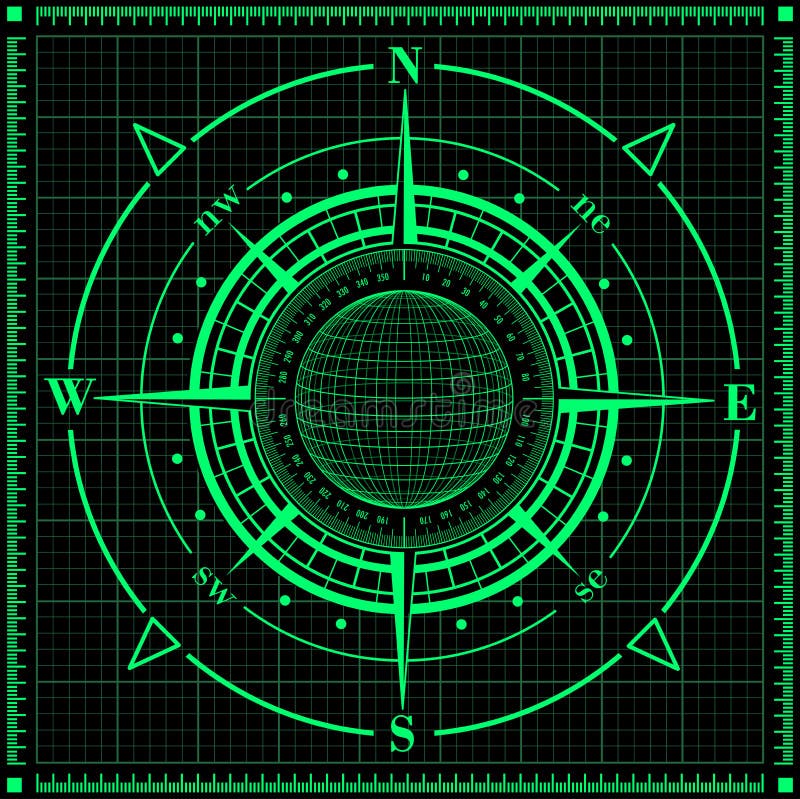 Radar Compass Rose with Globe. Stock Vector - Illustration of design ...