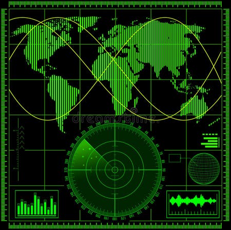 Radar Screen with World Map Stock Vector - Illustration of equipment ...