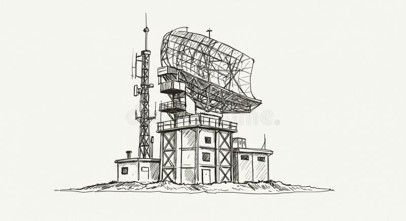 Radar Station Sketch Featuring a Large Parabolic Antenna Mounted on a ...