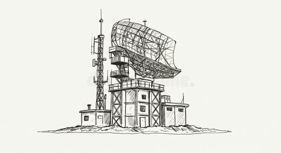 Radar Station Sketch Featuring a Large Parabolic Antenna Mounted on a ...