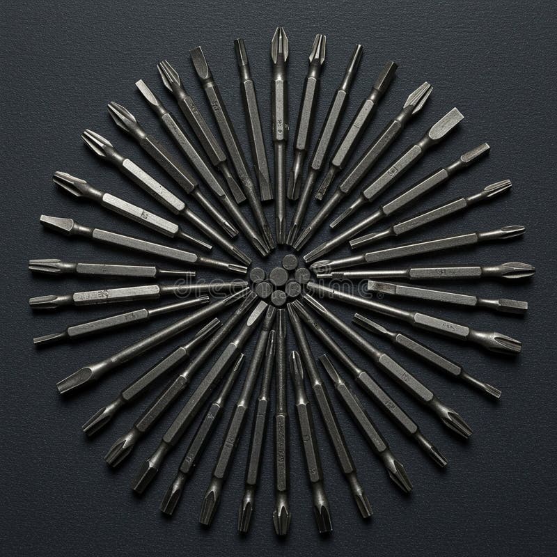 A Radial Arrangement of Various Screwdriver Bits on a Dark Textured ...