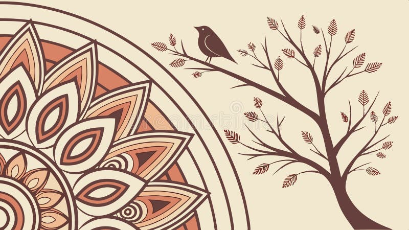 Radial Pattern Featuring a Tree Silhouette with a Bird and Organic ...