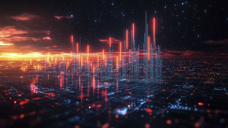 Radiant Abstract Skyline with Digital Elements Stock Illustration ...