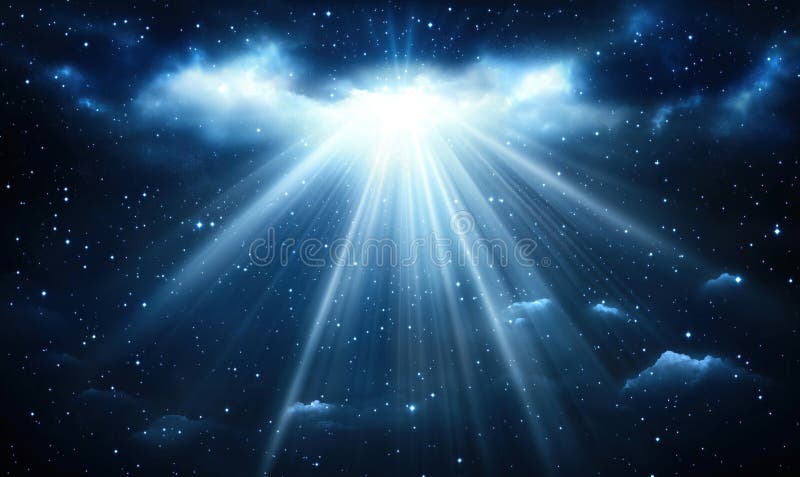 Radiant Beams of Light Shining through Clouds in a Starry Night Sky ...