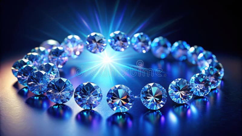 Radiant Blue Gems Arranged in a Circular Pattern on a Dark Reflective ...