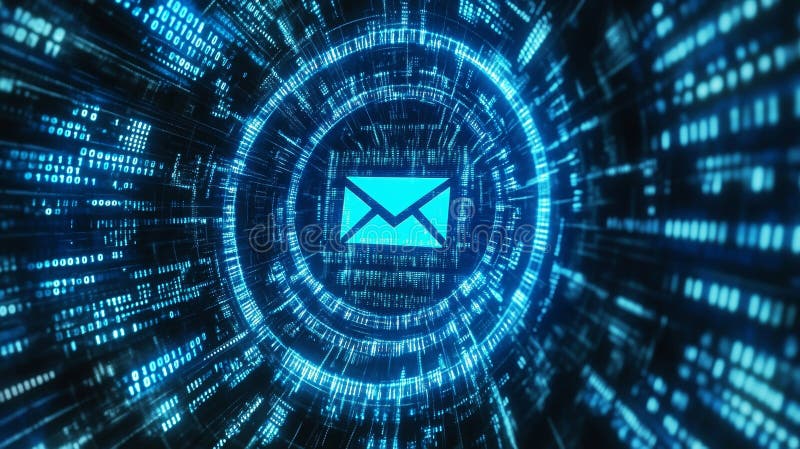 A Radiant Blue Mail Icon, Enveloped by Digital Data Streams, Depicting ...