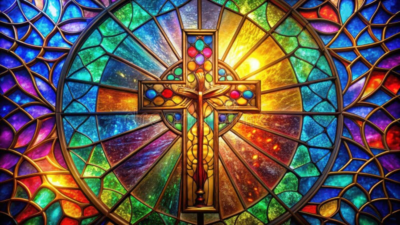 Radiant Celestial Cross in a Kaleidoscopic Stained Glass Window ...
