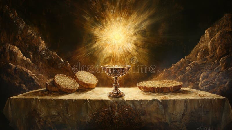 Radiant Chalice and Bread in a Glowing Mystical Setting Stock Photo ...