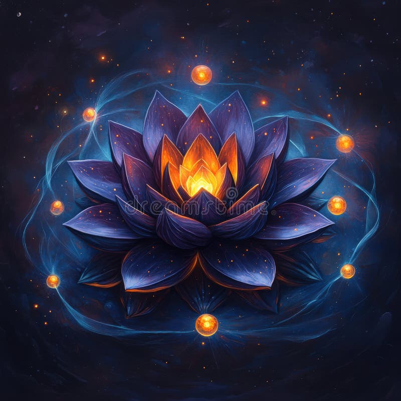 Radiant Cosmic Lotus with Glowing Orbs in a Celestial Space Theme Stock ...