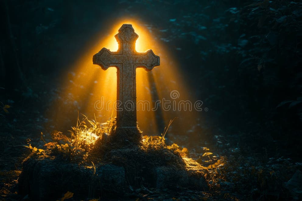 Radiant Cross Casting Light in a Shadowy Forest Setting Stock Photo ...