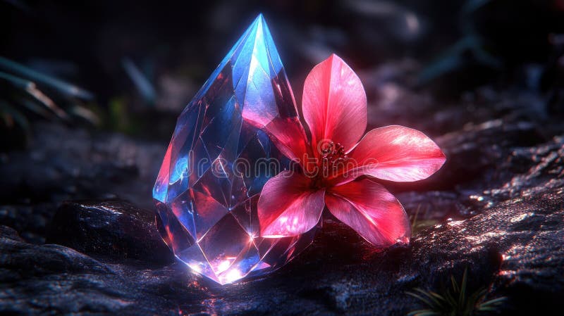 Radiant Crystal with Vibrant Pink Flower in Natural Setting Stock Photo ...