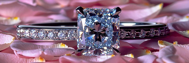 Radiant-cut Diamond Engagement Ring Set on Bed of Rose Petals Stock ...