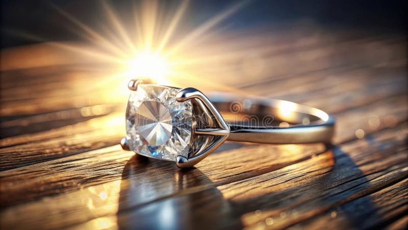 Radiant Diamond Ring on Wooden Surface at Sunset. Generative AI Stock ...
