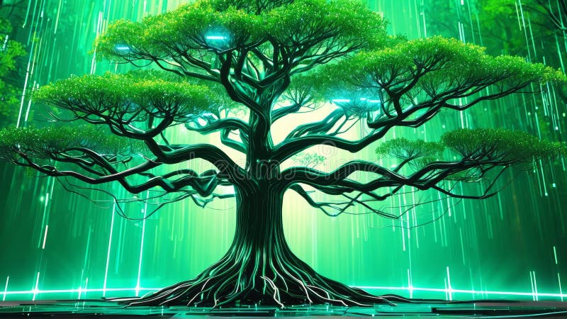 Radiant Digital Tree with Neon Lights in Mystical Forest Setting Stock ...