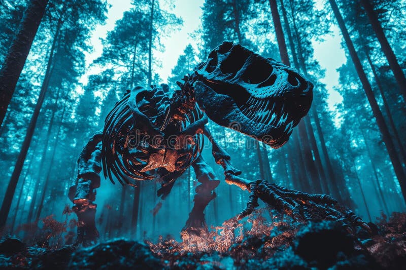 A Radiant Dinosaur Skeleton Showcased in a Dense, Green Jungle ...