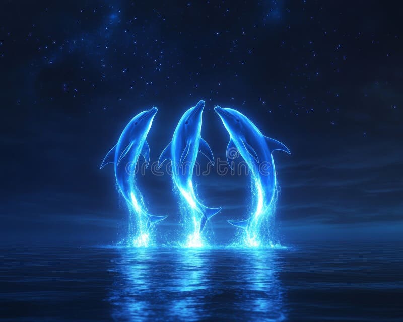 Radiant Dolphins Jumping through a Starlit Night Ocean Scene. Stock ...