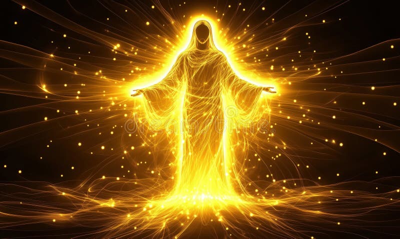 Radiant Figure Emanating Golden Light, Surrounded by Glowing Particles ...