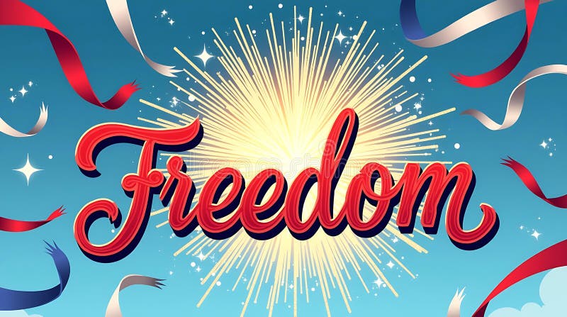 Radiant Freedom Script with Burst and American Flag Ribbons Stock Image ...