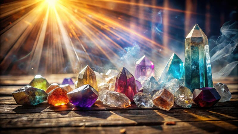 Radiant Gems and Crystals Glowing in Mystical Light on Wooden Surface ...