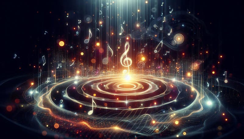 Radiant Glowing Musical Notes and Waveforms Floating in an Abstract ...