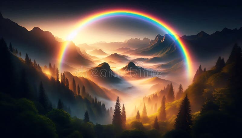 Radiant Glowing Rainbow Arching Across Serene Mystical Valley Filled ...