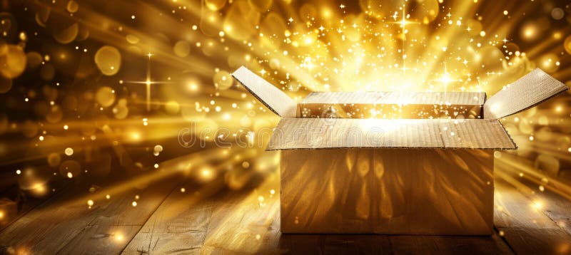 Radiant Golden Light Transforms Cardboard Box into Captivating Object ...