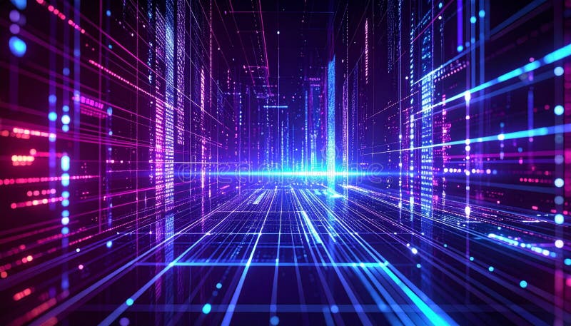 A Radiant Grid of Magenta and Blue Light Stretches Forward, Simulating ...