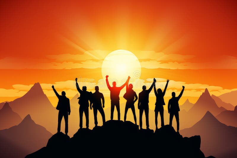 Radiant Group Success People Sunset. Generate Ai Stock Illustration ...