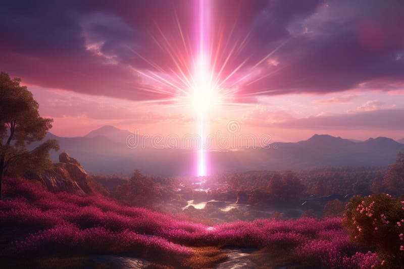 Radiant Hope Sunburst Casting a Pink Glow Over a Stock Illustration ...