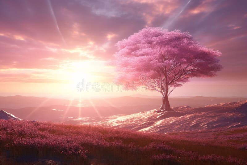 Radiant Hope Sunburst Casting a Pink Glow Over a Stock Illustration ...