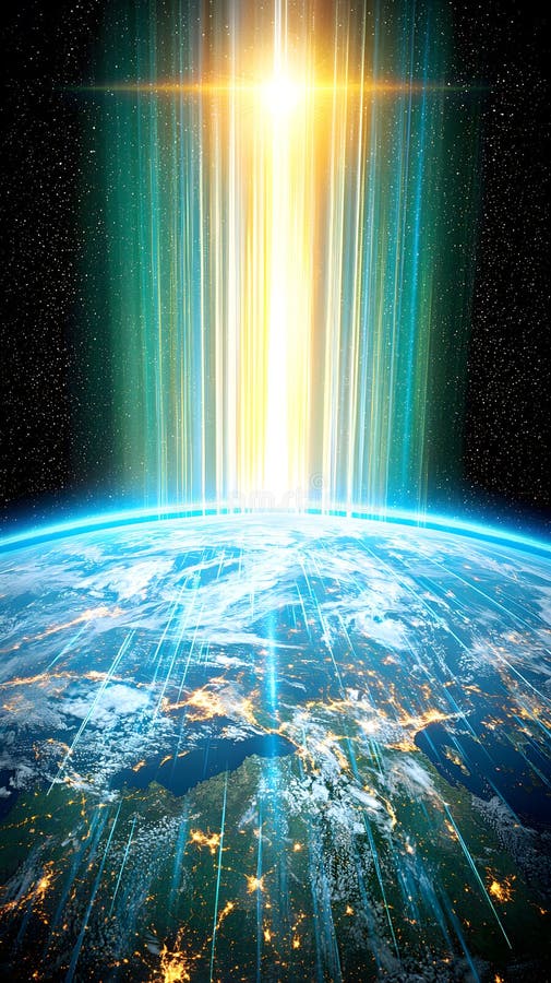 Radiant Light Beams Illuminating Earth at Night Stock Illustration ...