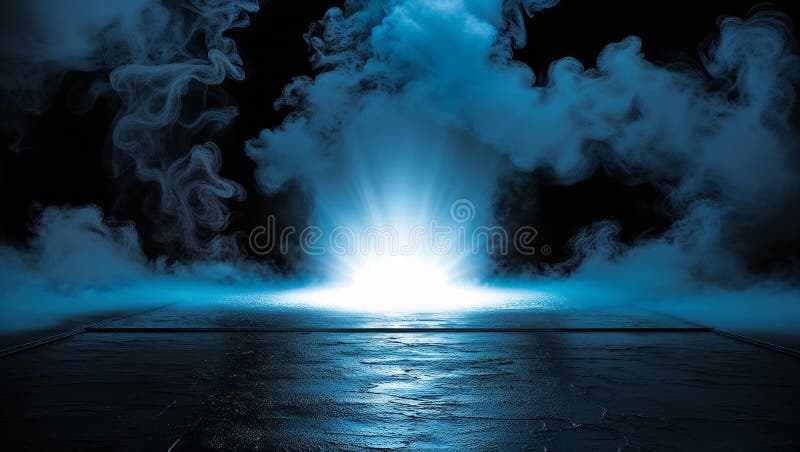 Radiant Light Explosion with Swirling Smoke on Dark Stage Stock ...