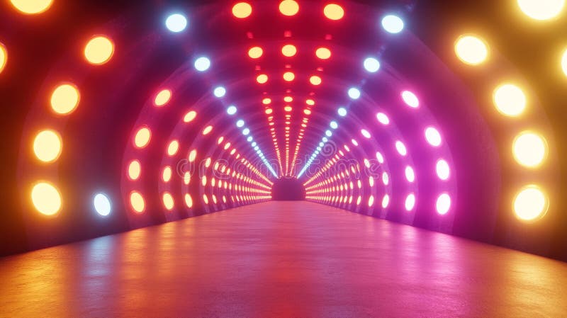 Radiant Light Tunnel with Glowing Multicolored Arches and Reflective ...