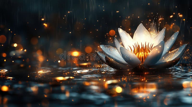 Radiant Lotus Floating on Water with Glowing Lights in Evening Rain ...
